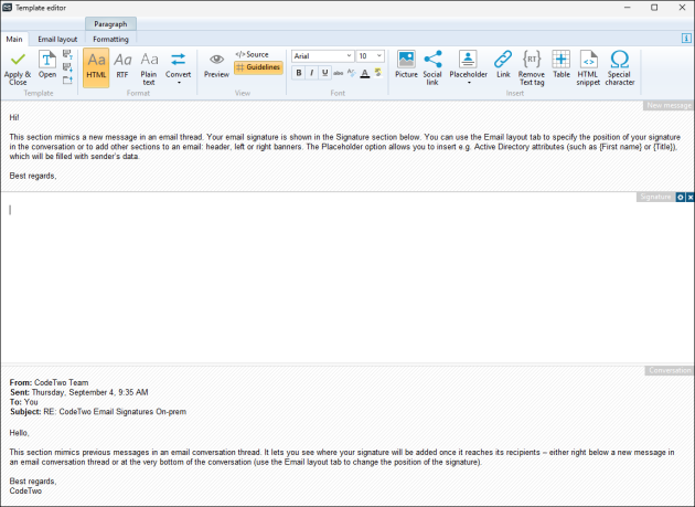 Configuration of rules - Actions - Insert signature | CodeTwo Email Signatures On-prem User's manual