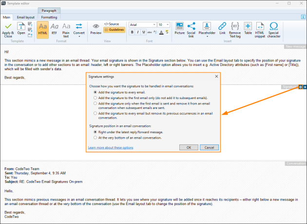 Configuration of rules - Actions - Insert signature | CodeTwo Email Signatures On-prem User's manual