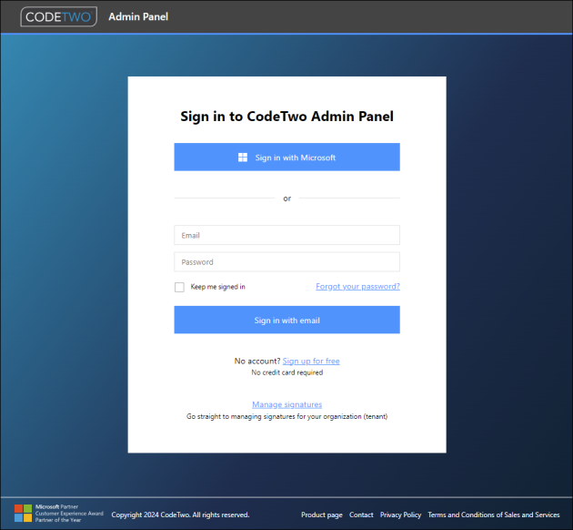 Get started - Create a CodeTwo account | CodeTwo Email Signatures 365 User's manual