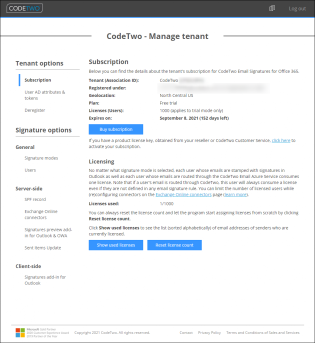 Manage tenants - Tenant options | CodeTwo Email Signatures for Office ...