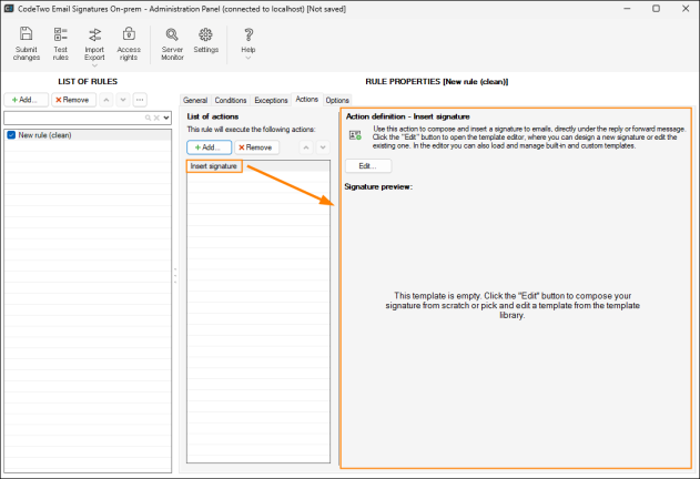 Configuration of rules - Actions - Insert signature | CodeTwo Email Signatures On-prem User's manual