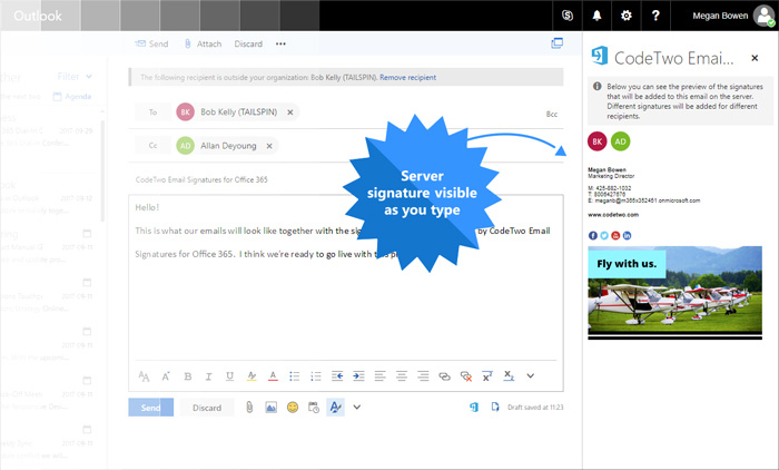 Server-side signatures visible while composing emails.