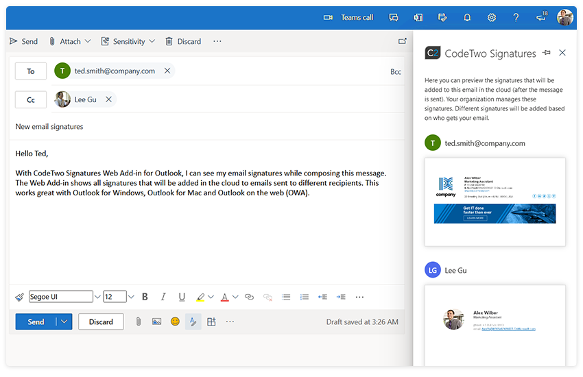 Server-side signatures visible while composing emails.